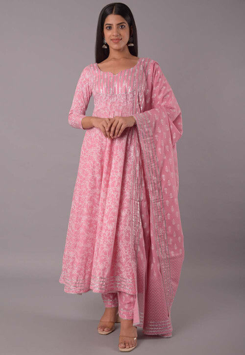 Buy Block Printed Cotton Aline Suit in Pink Online : KUR60 - Utsav Fashion