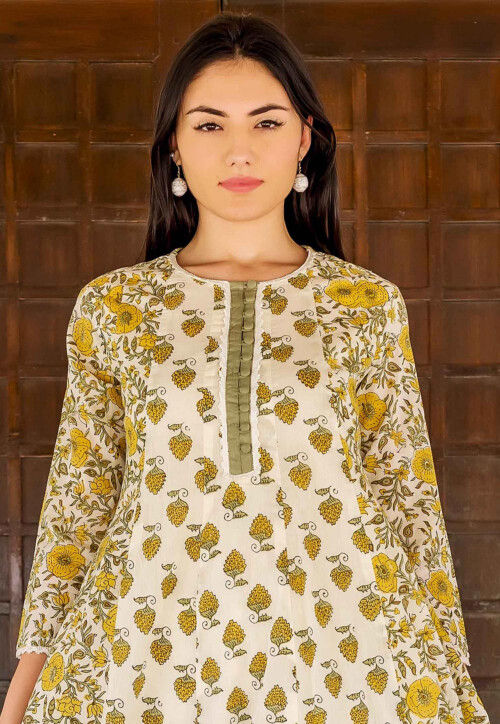 Buy Block Printed Cotton Anarkali Kurta Set in Off White Online ...