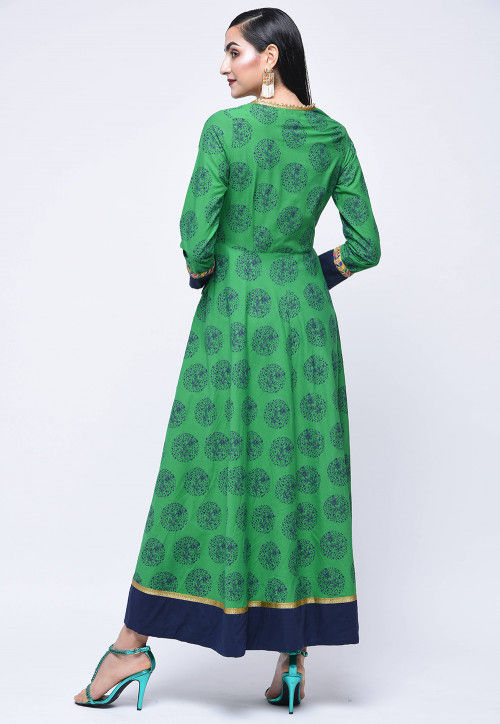 Buy Block Printed Cotton Angrakha Style Kurta In Green Online Tzq438