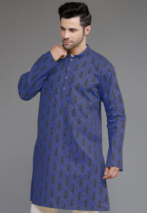 Buy Block Printed Cotton Kurta in Navy Blue Online : MXX613 - Utsav Fashion