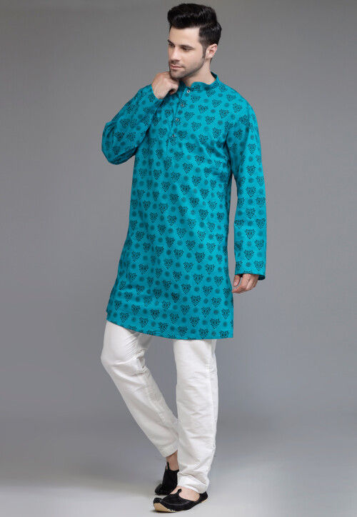 Buy Block Printed Cotton Kurta Set in Blue Online : MXX451 - Utsav Fashion