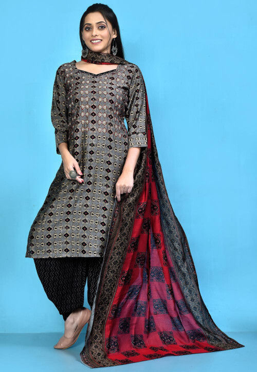 Buy Block Printed Cotton Muslin Pakistani Suit in Grey Online : KWU23 ...