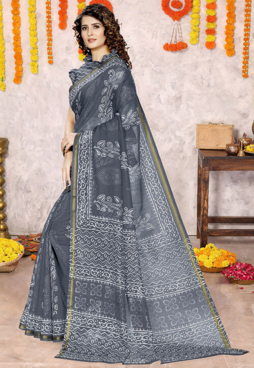 Buy Block Printed Cotton Saree in Grey Online : SJRA6863 - Utsav Fashion
