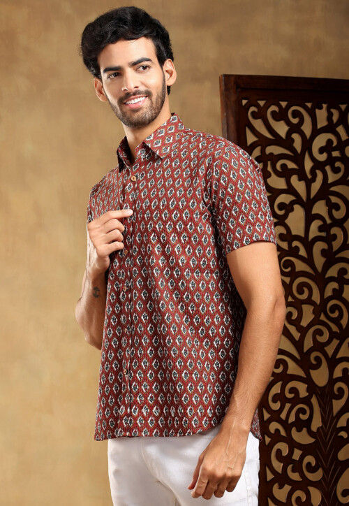 Buy Block Printed Cotton Shirt in Maroon Online : MTE2584 - Utsav Fashion