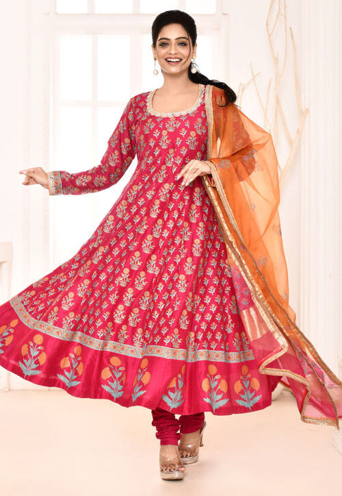 Buy Block Printed Cotton Silk Aline Suit in Fuchsia Online : KBU281 ...