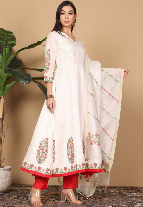 Buy Block Printed Cotton Silk Aline Suit in Off White Online : KXH430 ...