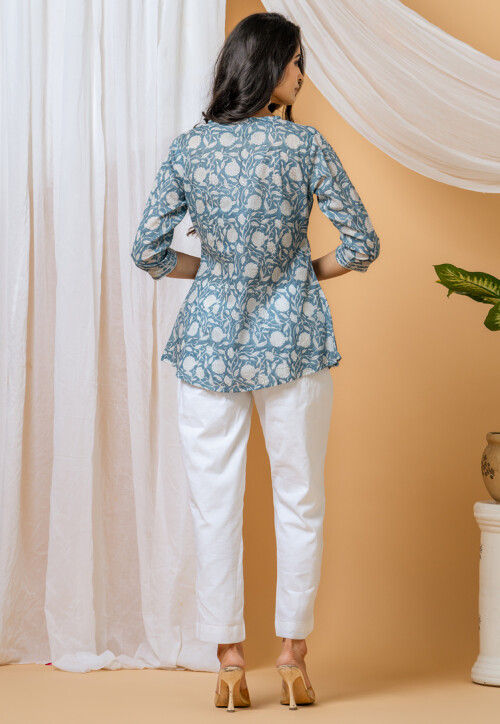 Buy Block Printed Pure Cotton A Line Kurti Set in Blue Online : TBF776 ...