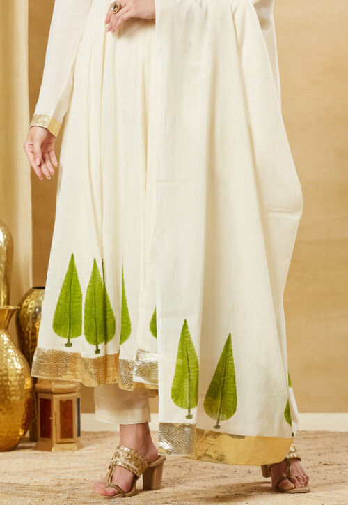 Buy Block Printed Pure Cotton A Line Suit in Off White Online : KJX296 ...