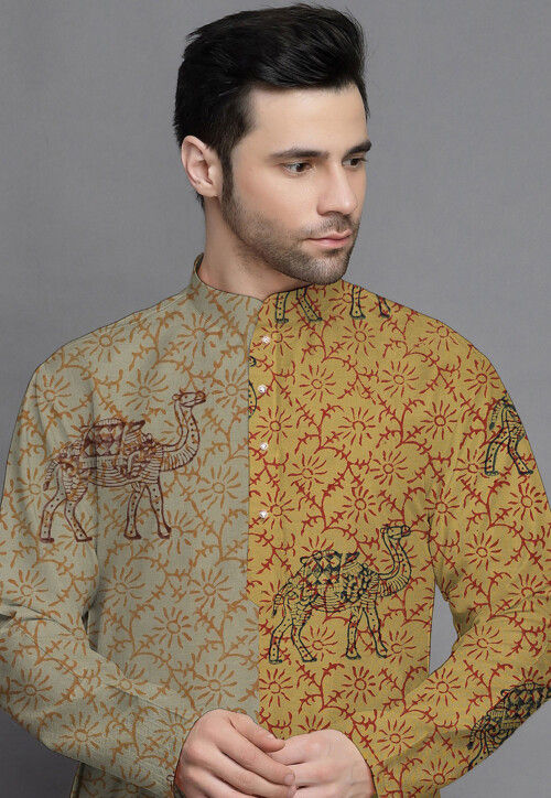 Buy Block Printed Rayon Half N Half Kurta Set in Beige Online : MTE2630 ...