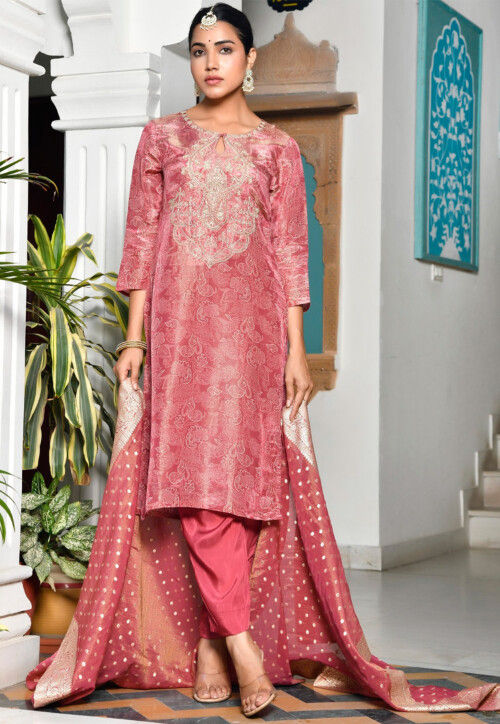 Buy Block Printed Tissue Pakistani Suit in Coral Pink Online : KJN4695 ...