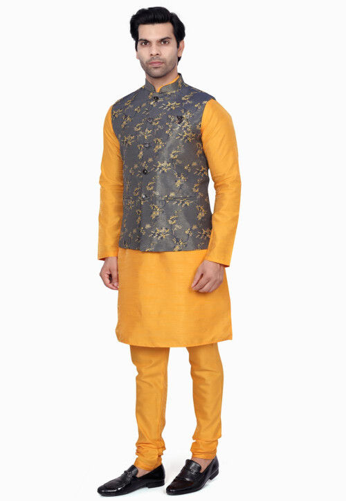 Buy Brocade Kurta Jacket Set in Grey and Yellow Online : MHG2561 ...