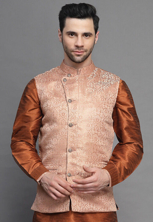 Brocade Nehru Jacket in Peach : MXX146