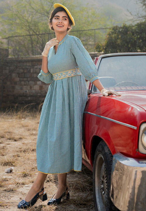 Buy Check Printed Pure Cotton Aline Dress in Blue Online : TXR1083 ...