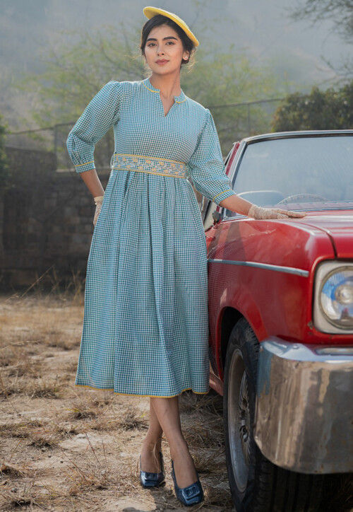 Buy Check Printed Pure Cotton Aline Dress in Blue Online : TXR1083 ...