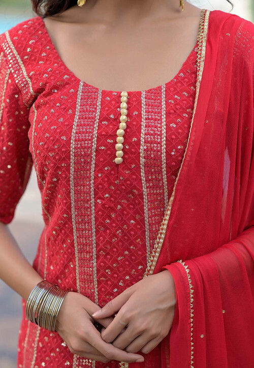 Buy Chikankari Pure Georgette Punjabi Suit in Red Online : KHS756 ...