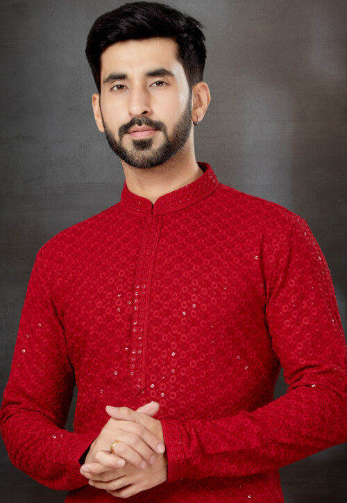 Buy Chikankari Rayon Kurta in Red Online : MUX1181 - Utsav Fashion