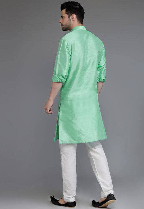 Buy Color Blocked Dupion Silk Kurta Set in Sea Green Online : MXX743 ...