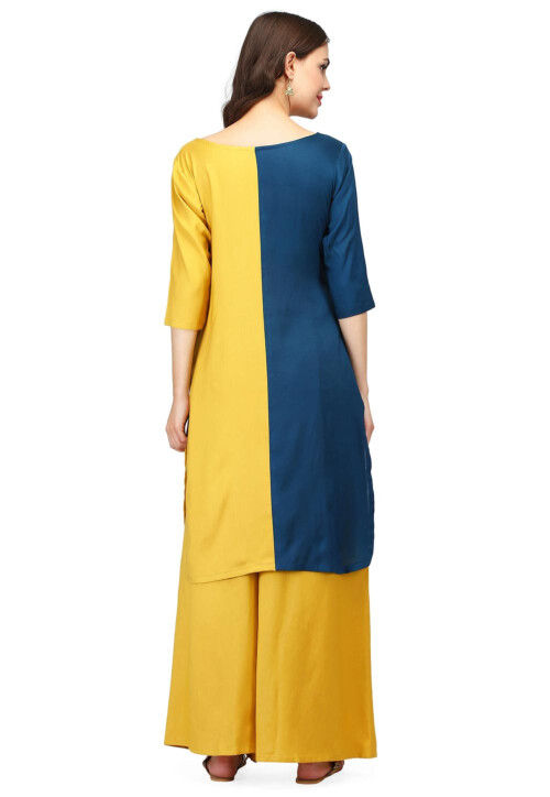 Buy Color Blocked Rayon Straight Kurta Set in Yellow and Teal Blue ...