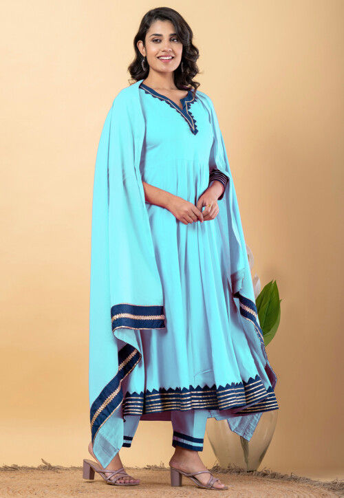 Buy Contrast Border Pure Rayon A Line Suit in Turquoise Online : KPL583 ...
