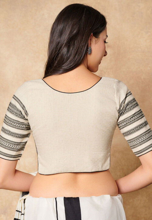 Buy Contrast Trim Cotton Jacquard Blouse in Off White Online : UVC2478 ...