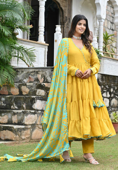 Buy Contrast Trim Crepe Tiered A Line Suit in Yellow Online : KXT211 ...