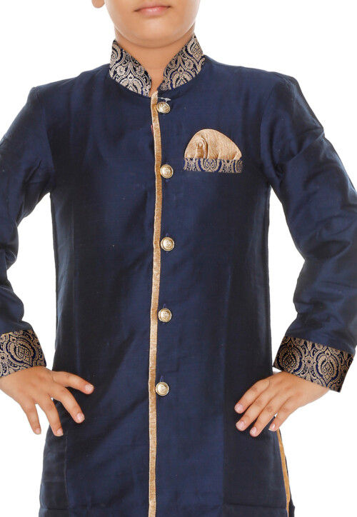 Buy Contrast Trim Dupion Silk Straight Front Open Sherwani in Navy Blue ...