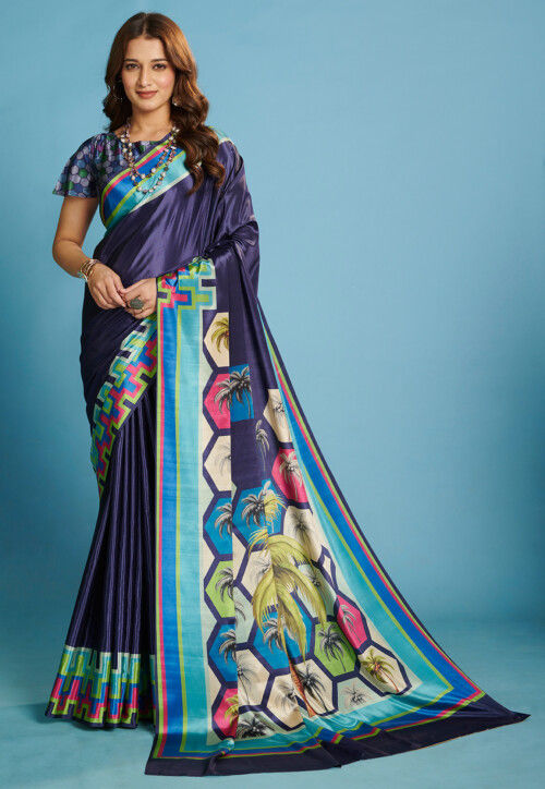 Buy Digital Crepe Silk Saree in Navy Blue Online : STN2312 - Utsav Fashion