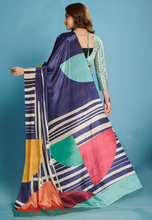 Buy Digital Crepe Silk Saree in Navy Blue Online : STN2316 - Utsav Fashion