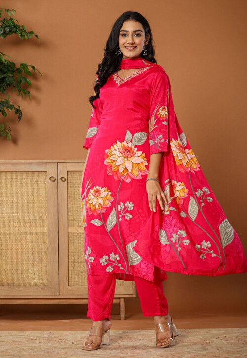 Buy Digital Print Muslin Silk Pakistani Suit in Fuchsia Online ...