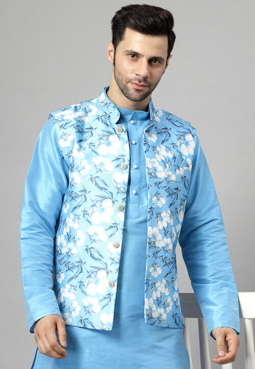 Buy Digital Printed Art Matka Silk Nehru Jacket in Sky Blue Online ...