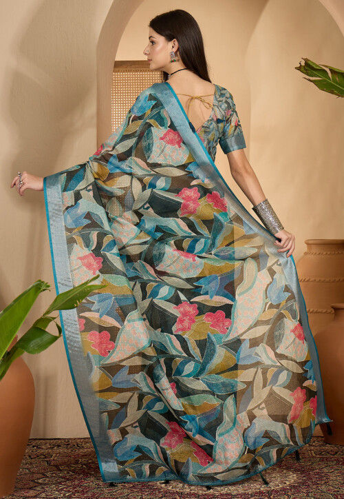Buy Digital Printed Art Shimmer Linen Saree in Black Online : SSKT1105 ...