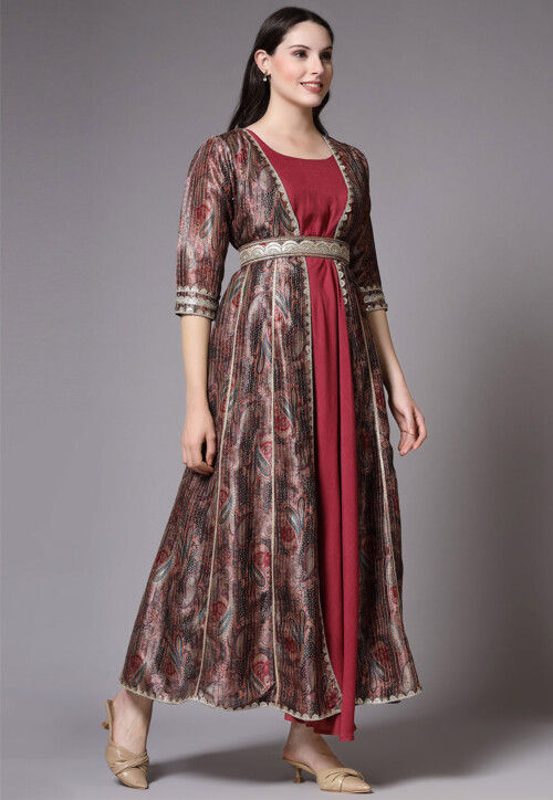 Buy Digital Printed Art Silk Jacket Style Dress in Brown and Maroon ...