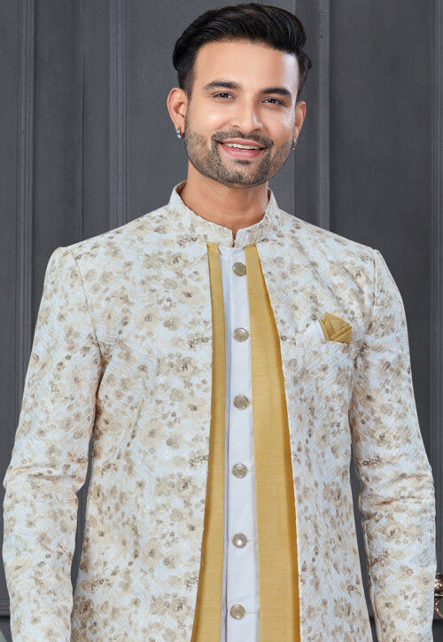 Buy Digital Printed Art Silk Jacket Style Sherwani in Beige and Off ...