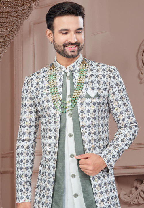 Buy Digital Printed Art Silk Jacket Style Sherwani in Grey and Off ...