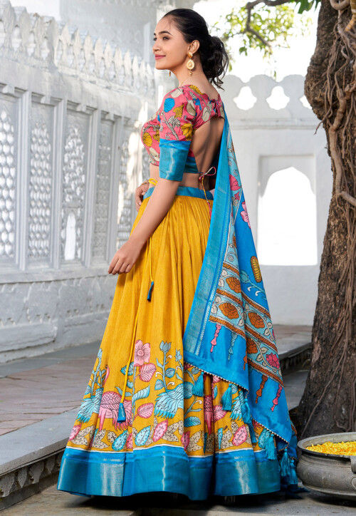 Buy Digital Printed Art Silk Jacquard Lehenga in Yellow Online ...