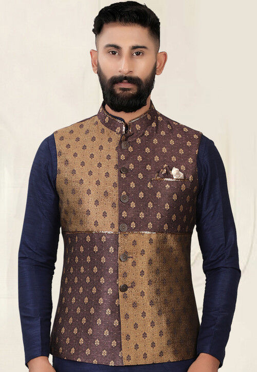 Buy Digital Printed Art Silk Kurta Jacket Set in Navy Blue and Brown ...