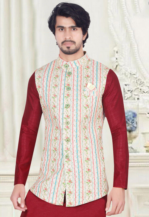 Buy Digital Printed Art Silk Long Nehru Jacket in Cream Online ...