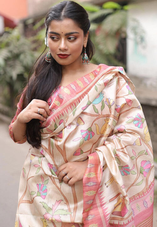 Buy Digital Printed Art Silk Saree in Beige Online : SPF7344 - Utsav ...