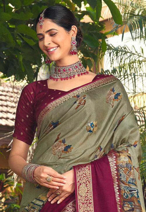 Buy Digital Printed Art Silk Saree in Dusty Green Online : SFF3138 ...