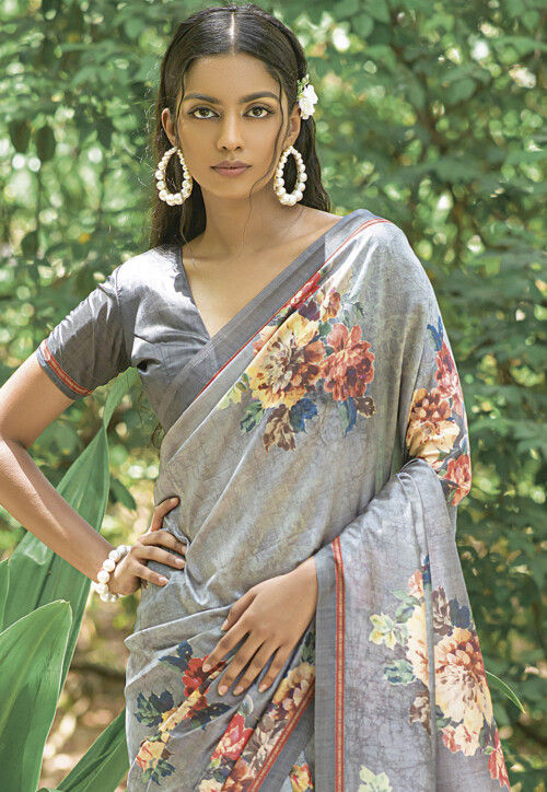 Buy Digital Printed Art Silk Saree in Grey Online : SPCA768 - Utsav Fashion