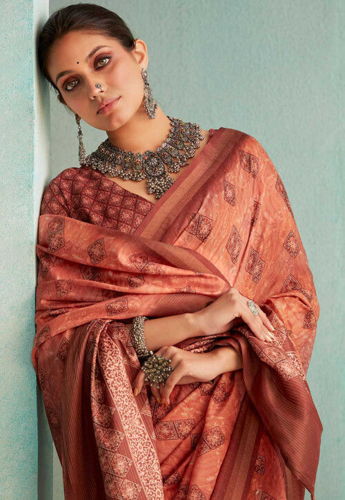Buy Digital Printed Art Silk Saree in Rust Online : SPF10477 - Utsav ...