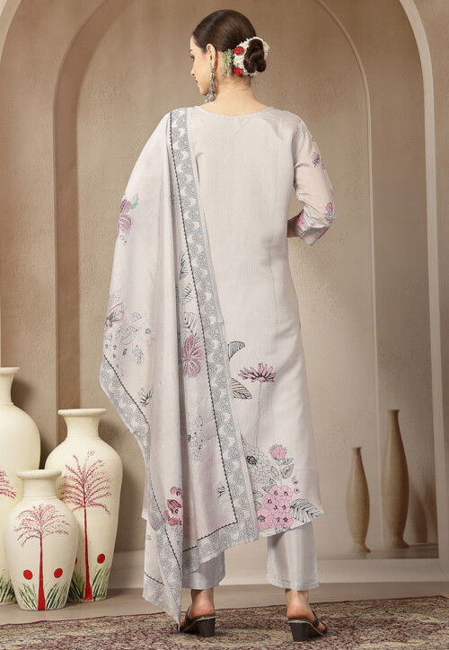 Buy Digital Printed Chanderi Silk A Line Suit in Grey Online : KJL2646 ...