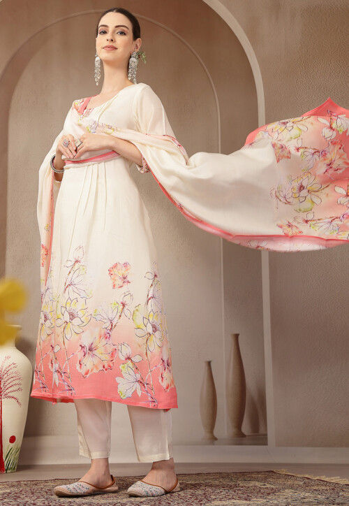 Buy Digital Printed Chanderi Silk A Line Suit in Off White Online ...
