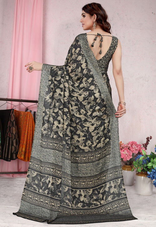 Buy Digital Printed Chiffon Saree in Black Online : SJRA6189 - Utsav ...