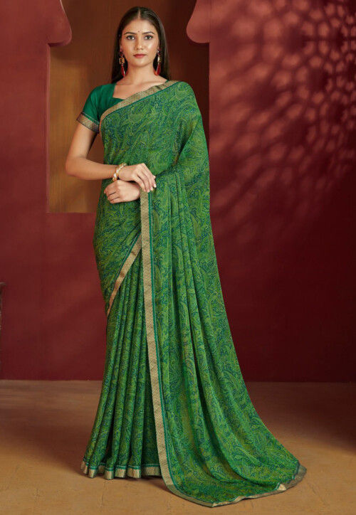 Buy Digital Printed Chiffon Saree in Green Online : SSEA6121 - Utsav ...
