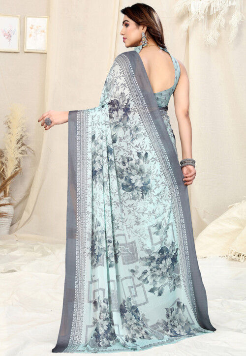 Buy Digital Printed Chiffon Saree in Sky Blue Online : SJRA6471 - Utsav ...