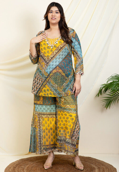 Buy Digital Printed Chiffon Tunic Set in Mustard and Blue Online ...