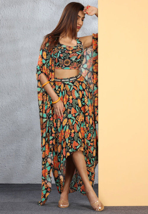 Buy Digital Printed Chinon Chiffon Crop Top Set in Black Online ...