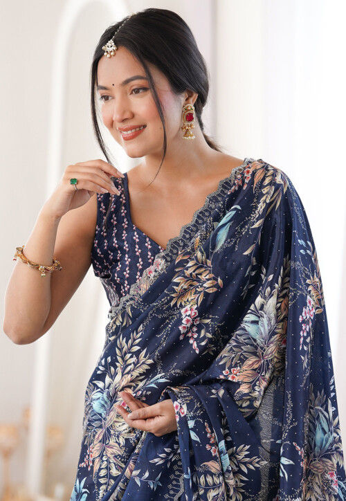 Buy Digital Printed Chinon Chiffon Saree in Navy Blue Online : SPF18389 ...