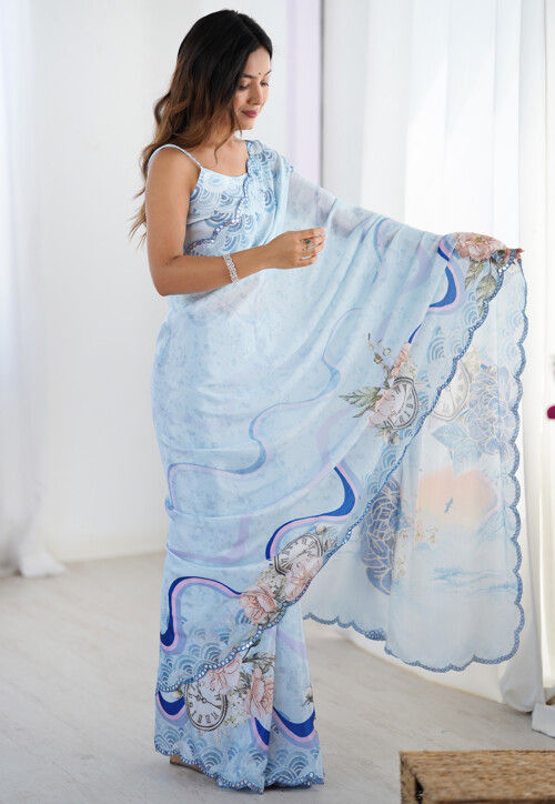 Buy Digital Printed Chinon Chiffon Scalloped Saree in Light Blue Online ...